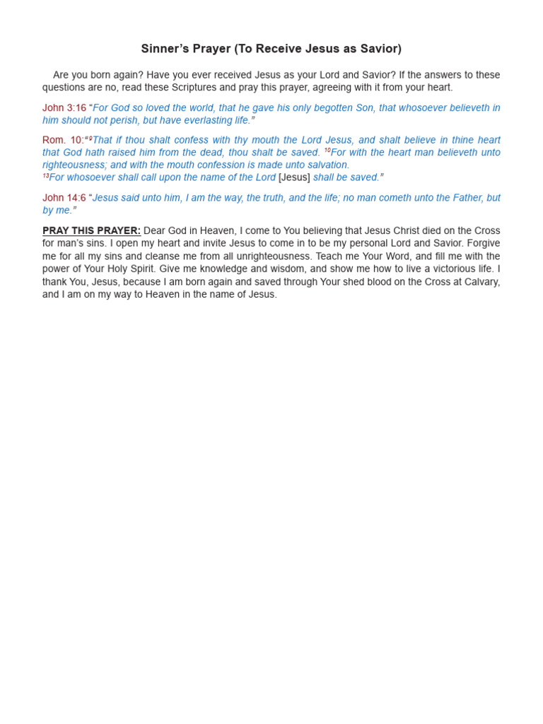 Sinner's Prayer for Salvation | PDF