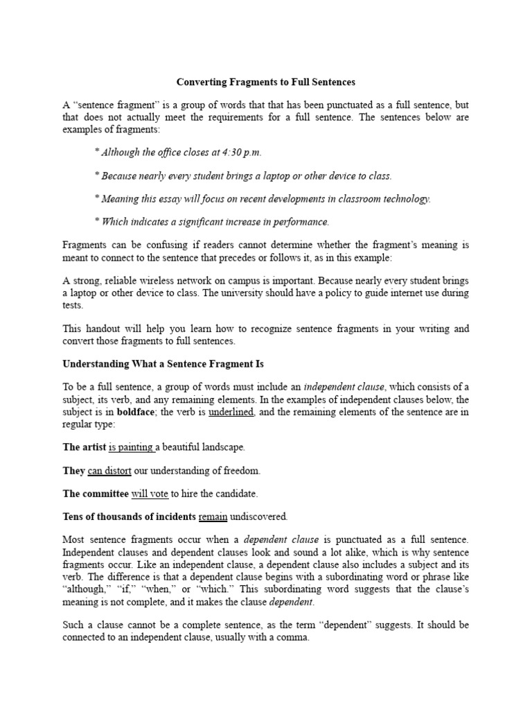 Converting Fragments To Full Sentences | PDF | Sentence (Linguistics ...