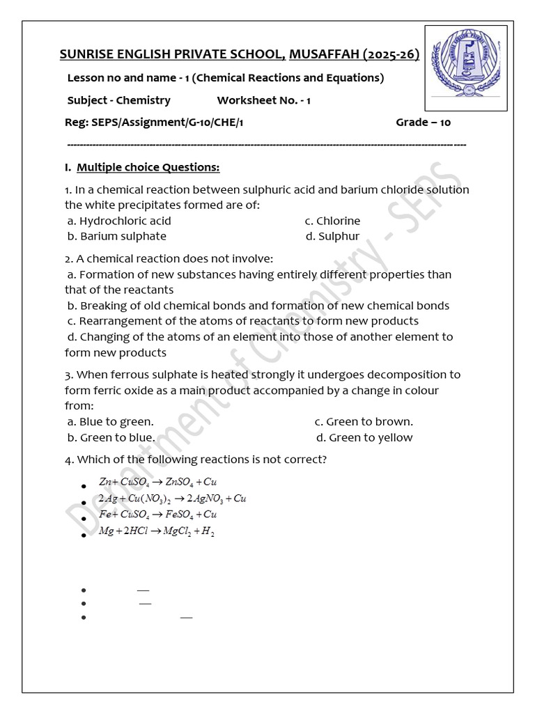 Chemical Reactions and Equations-Assignment - 2025-26 | PDF | Chemical ...