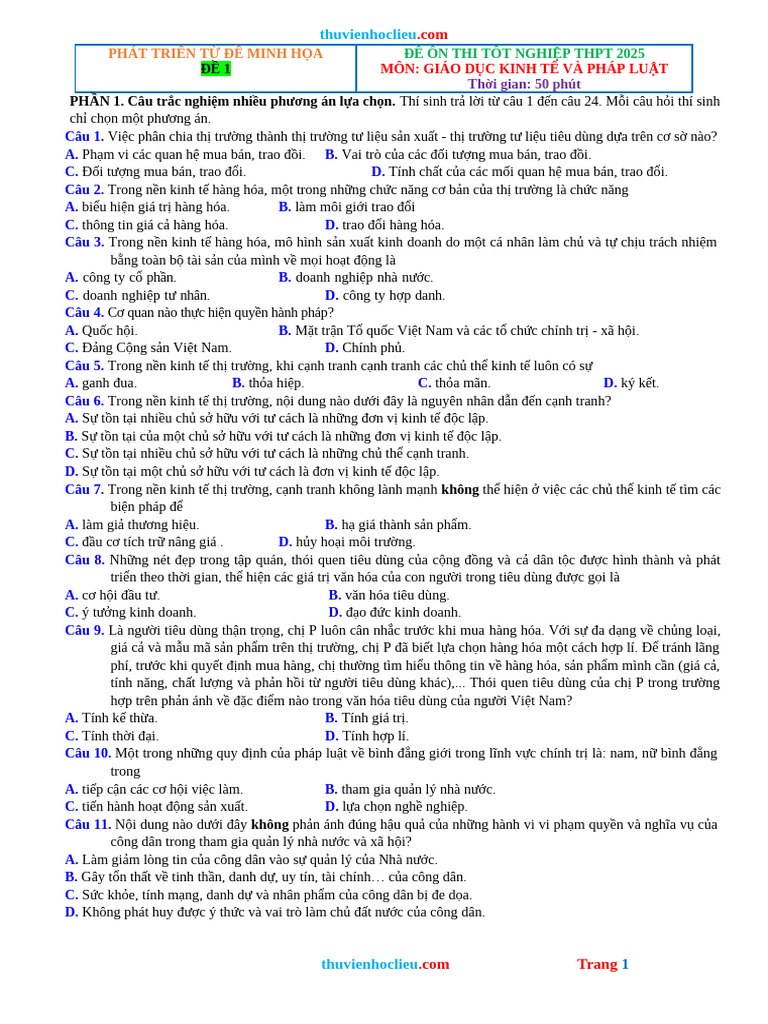Bo 30 de Thi Thu TN THPT 2025 Kinh Te Va Phap Luat | PDF