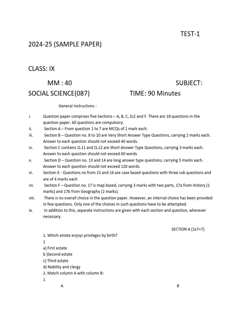TEST 1 2024-25 Sample Paper-1 | PDF | Political Science | Government