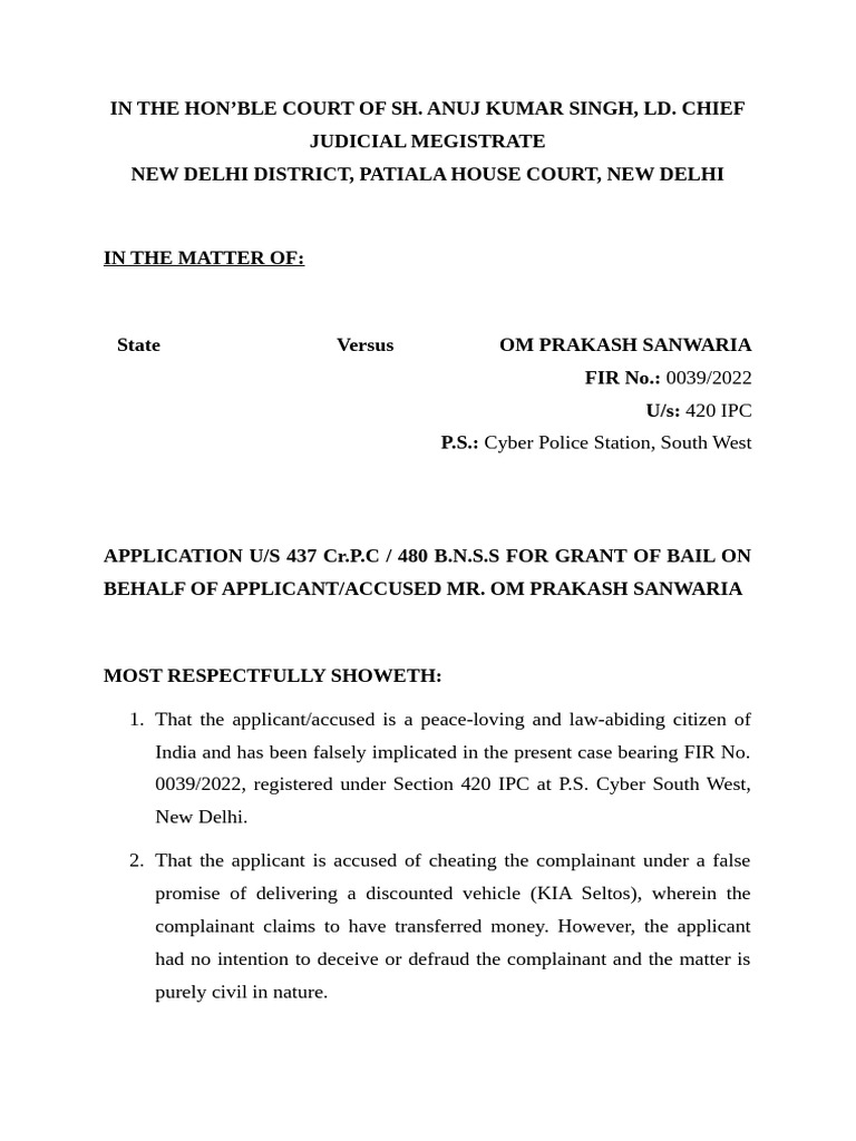 Updated Om Prakash Sanwaria Bail Application | PDF | Bail | Affidavit