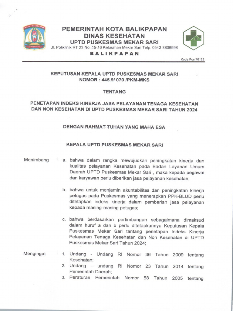 SK Penetapan Indeks Kinerja Jaspel PKM Mekar Sari | PDF