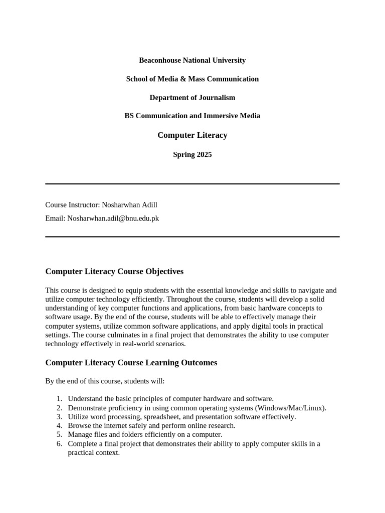GEN-101 - Computer Literacy | PDF | Microsoft Word | Microsoft Excel