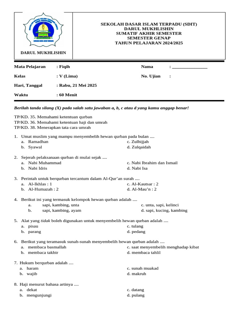 Soal THB Fikih Kelas 5 2025 | PDF