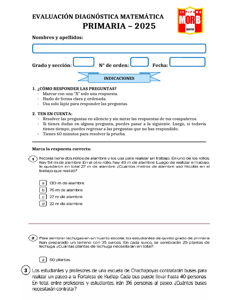 EVALUACIÓN DIAGNÓSTICA MATEMÁTICA 5to Grado | PDF