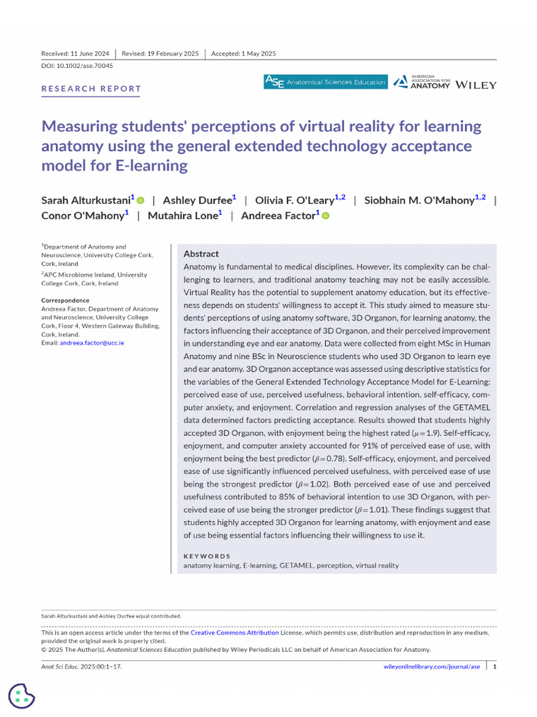 Measuring Students' Perceptions of Virtual Reality For Learning Anatomy Using The General ...