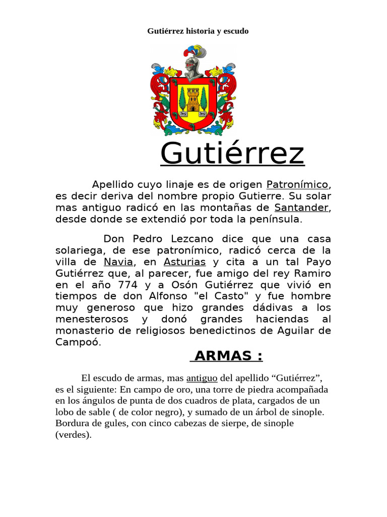 Apellido Gutiérrez - Historia y Escudo. | PDF