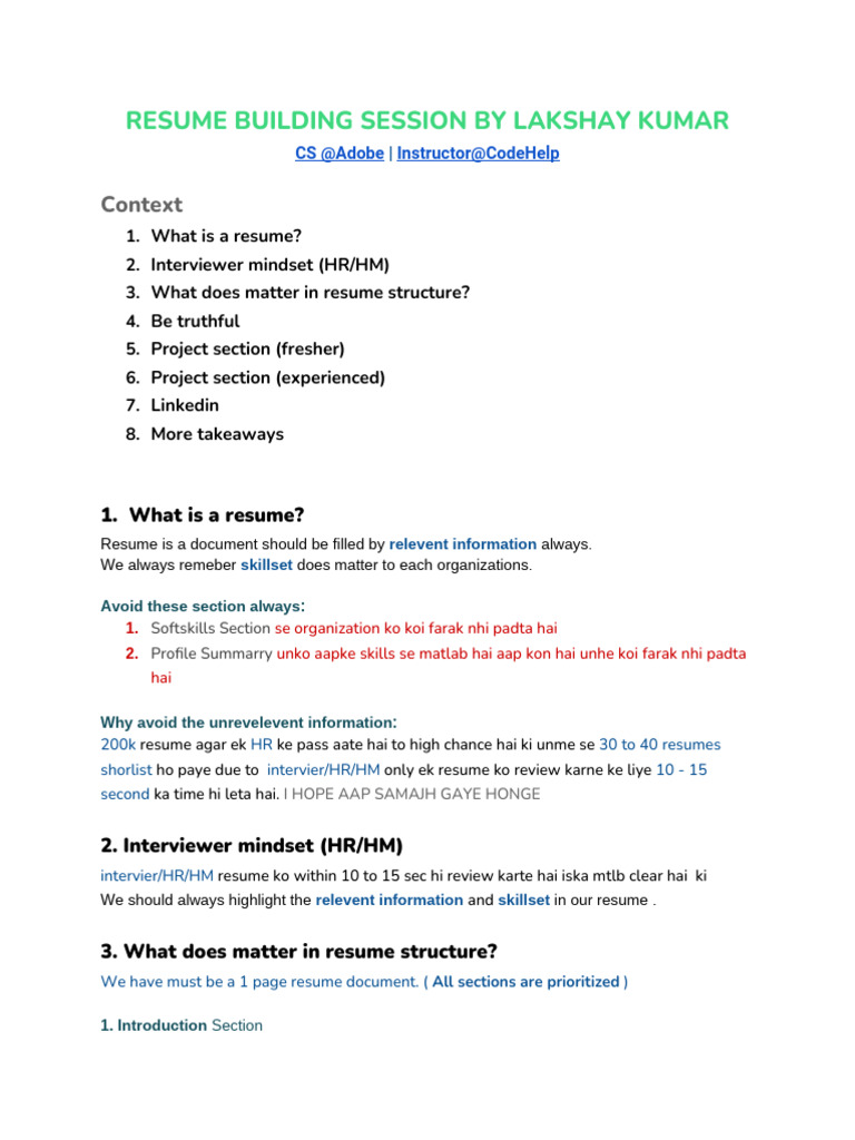 Resume Building Session by Lakshay Kumar | PDF | Computer Programming | Computing