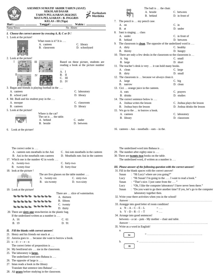 SOAL ASAT B INGGRIS KELAS 3 Yo | PDF | Linguistics