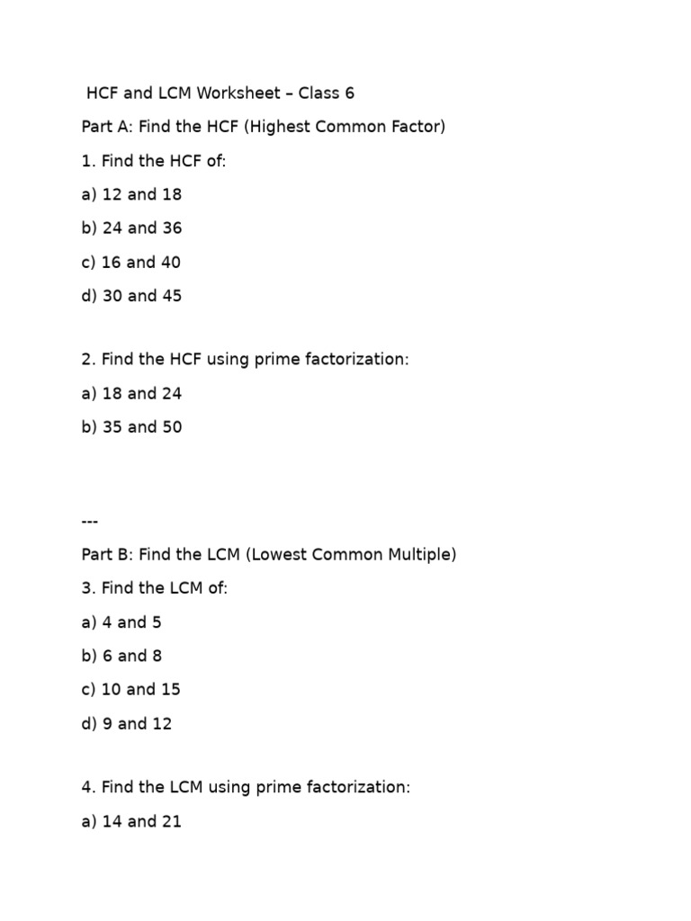 HCF and LCM Worksheet - Class | PDF
