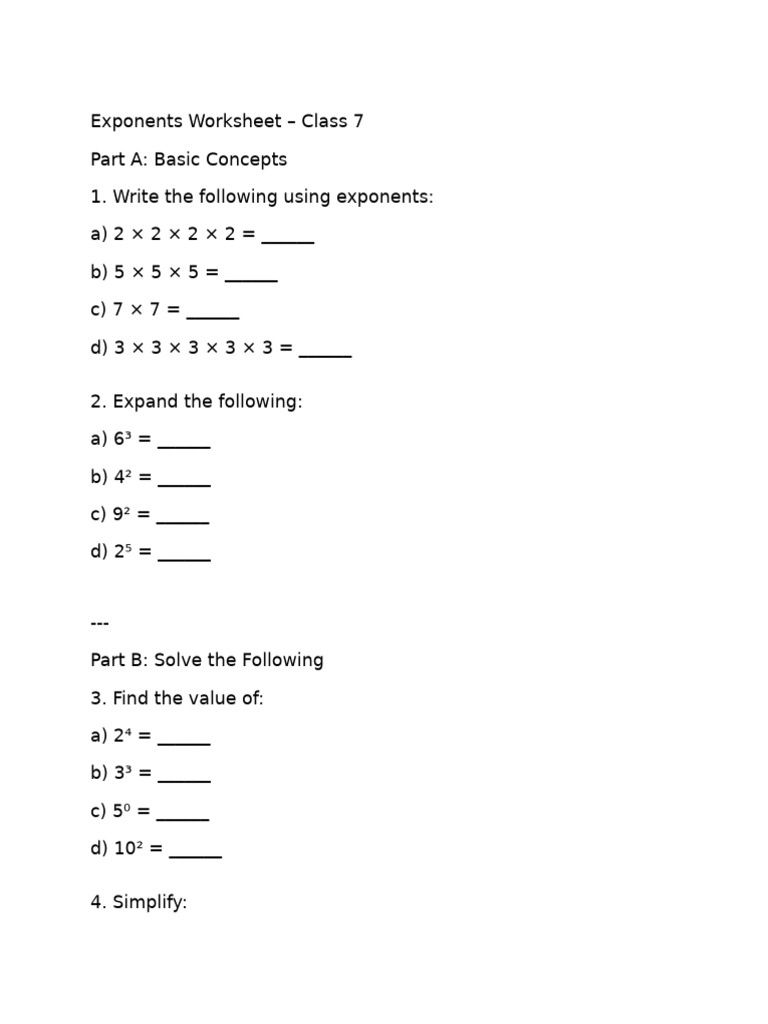 Class 7 Exponents Worksheet PDF | PDF