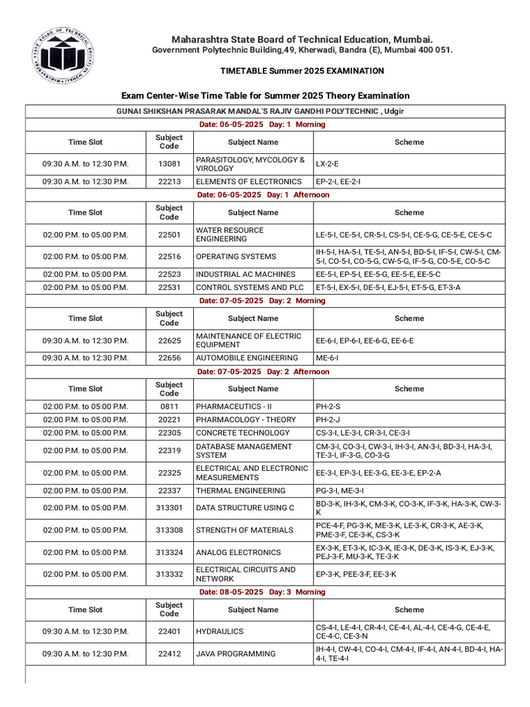 Time Table For Summer 2025 Theory Examination | PDF | Engineering ...
