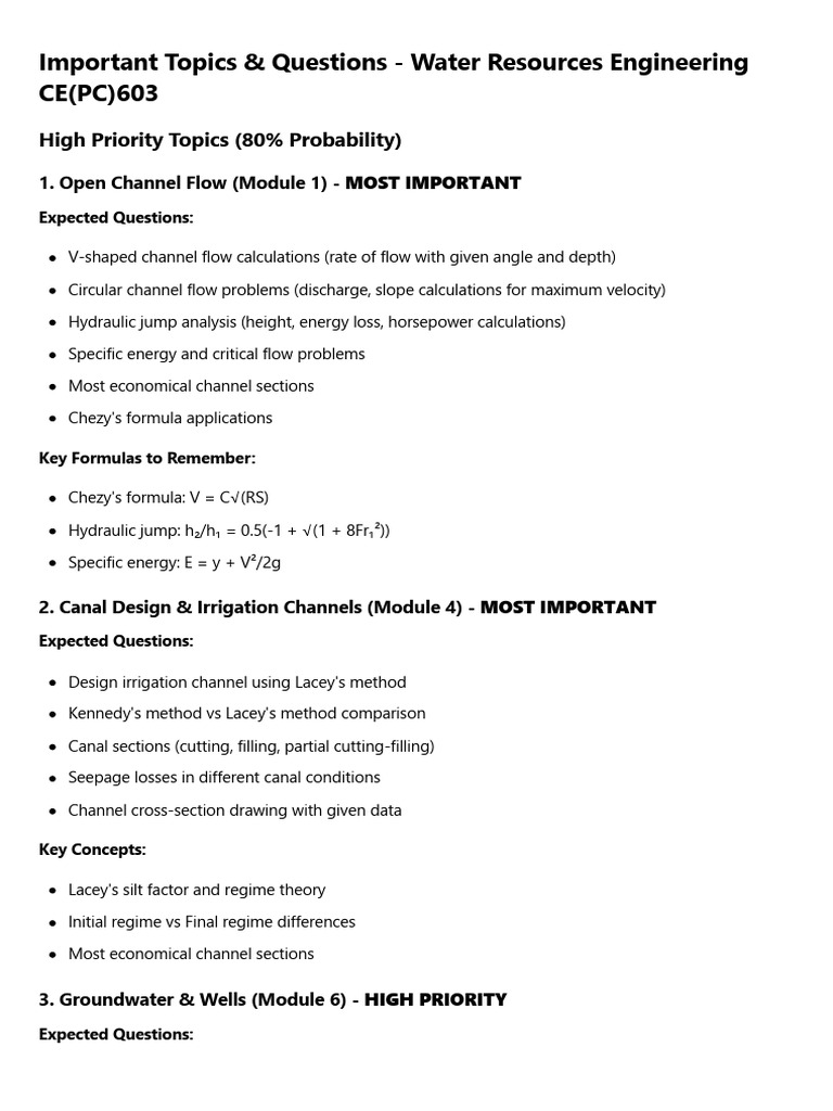 Key Topics for Water Resources Exam | PDF | Irrigation | Groundwater