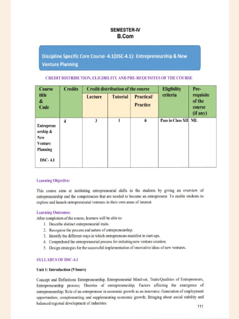Semester - 4 BCom Program Syllabus | PDF | Entrepreneurship | Foreign Direct Investment