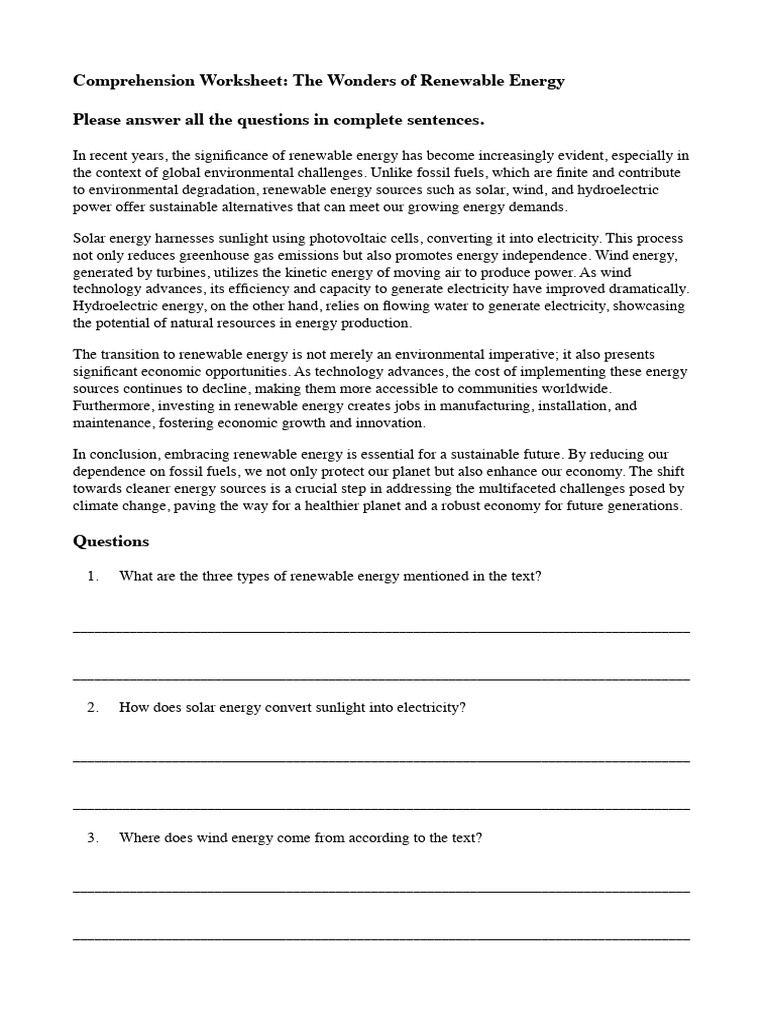 Renewable Energy Comprehension Worksheet | PDF | Renewable Energy ...