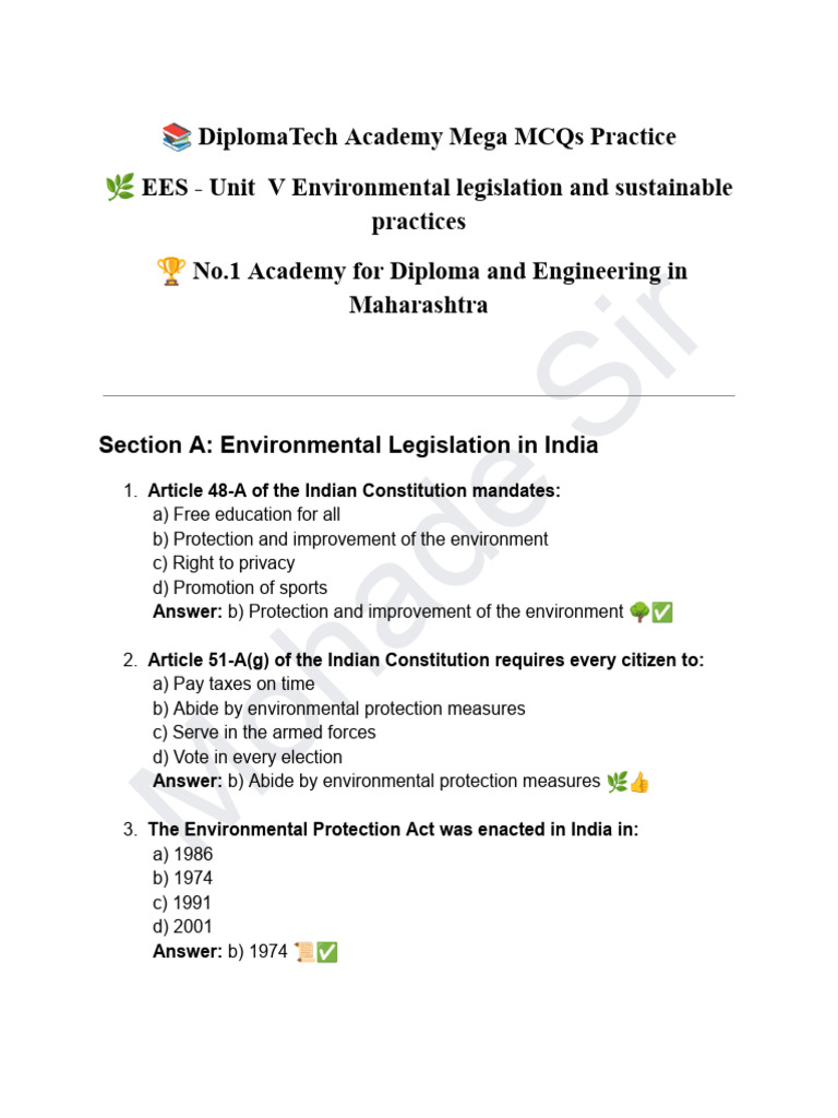 Ees Unit-5 Mega 100 Practice MCQS | PDF | Environmental Technology | Environmental Law