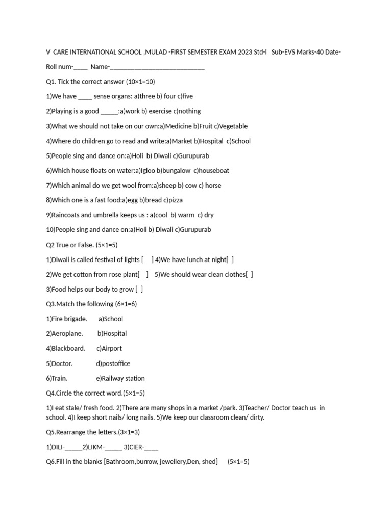 1st STD EVS Question Paper | PDF