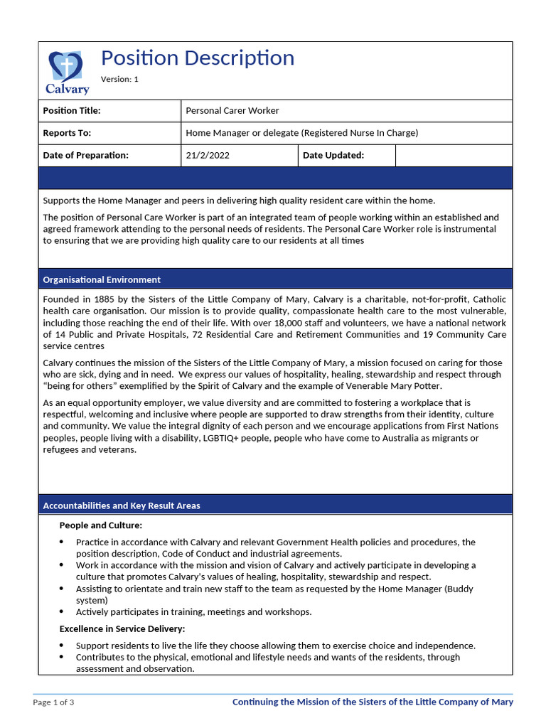 Personal Carer Worker Position Description | PDF | Nursing ...