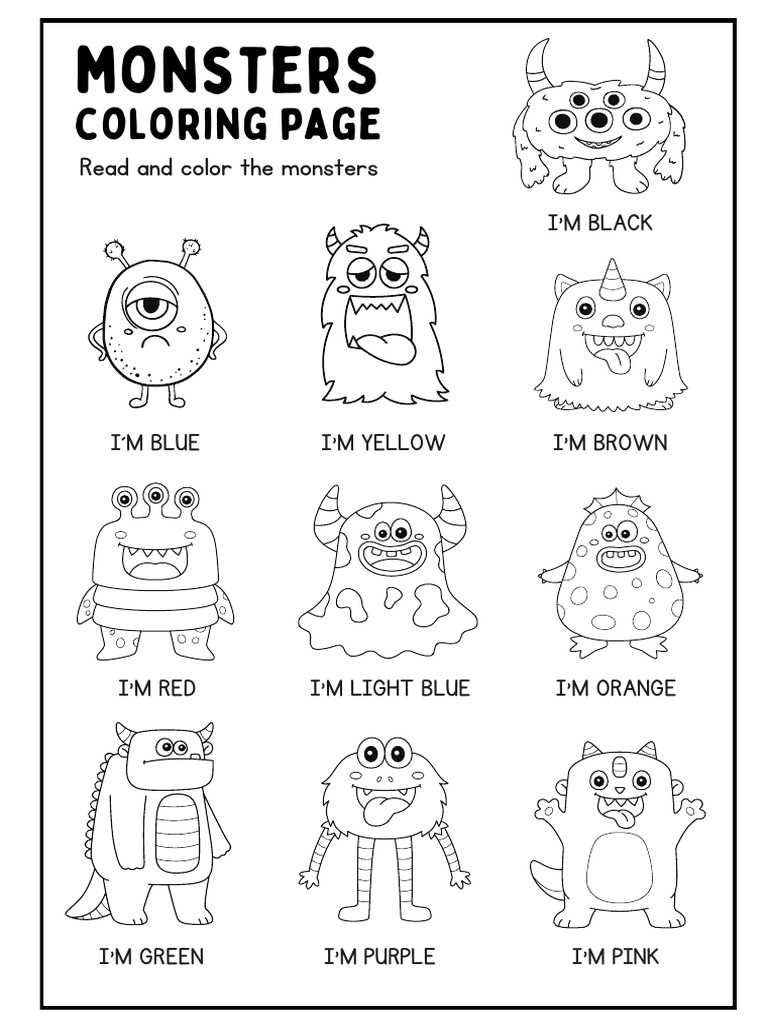 Monsters Coloring Page Worksheet in Monochromatic Simple Style ...