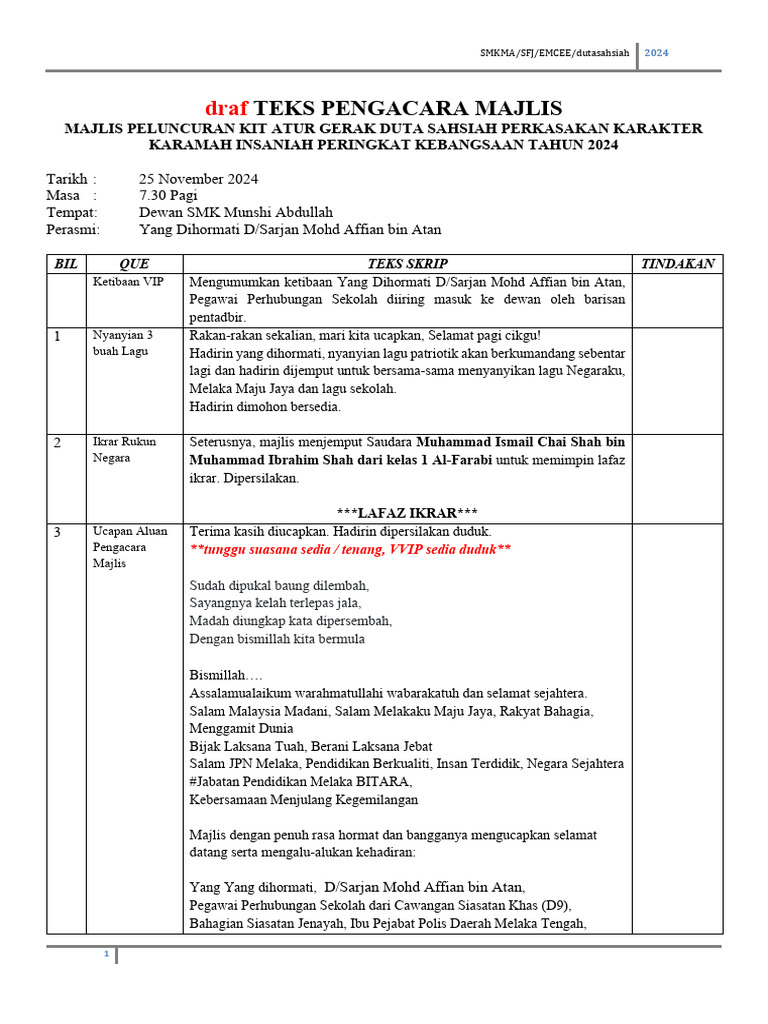 Teks Emcee Duta Sahsiah 2024 | PDF