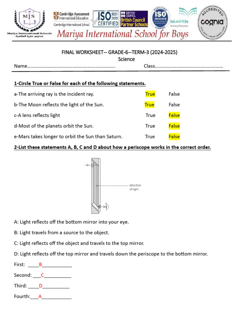 Final Worksheet 6 Answer Key | PDF | Refraction | Reflection (Physics)