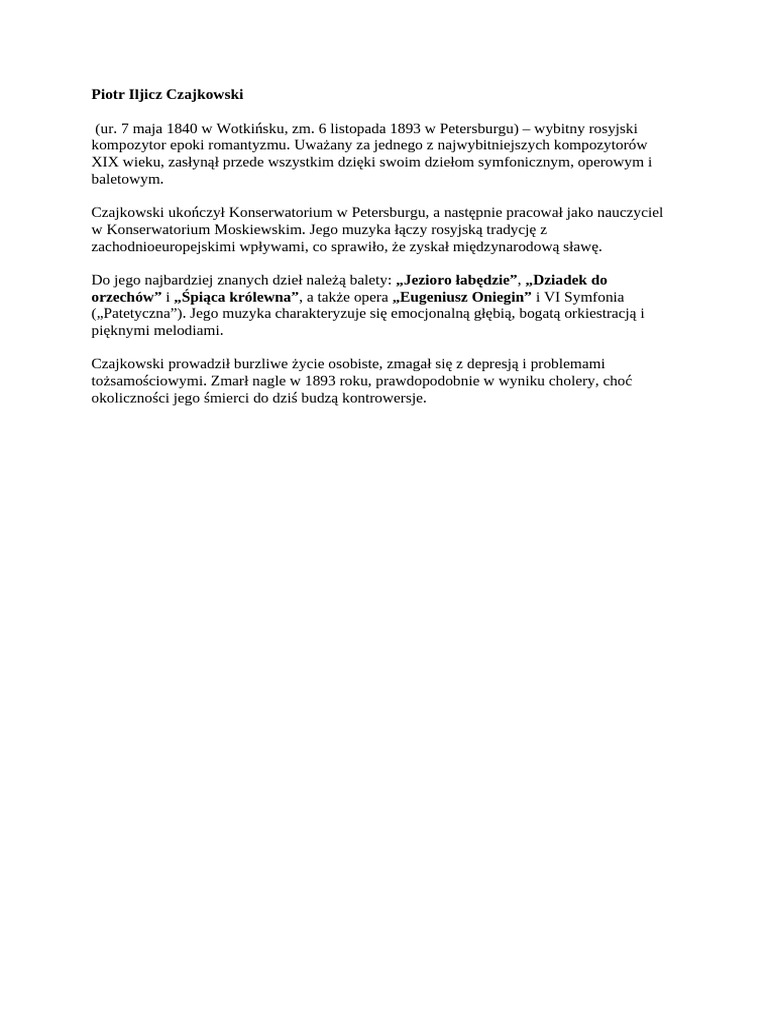 Piotr Iljicz Czajkowski | PDF
