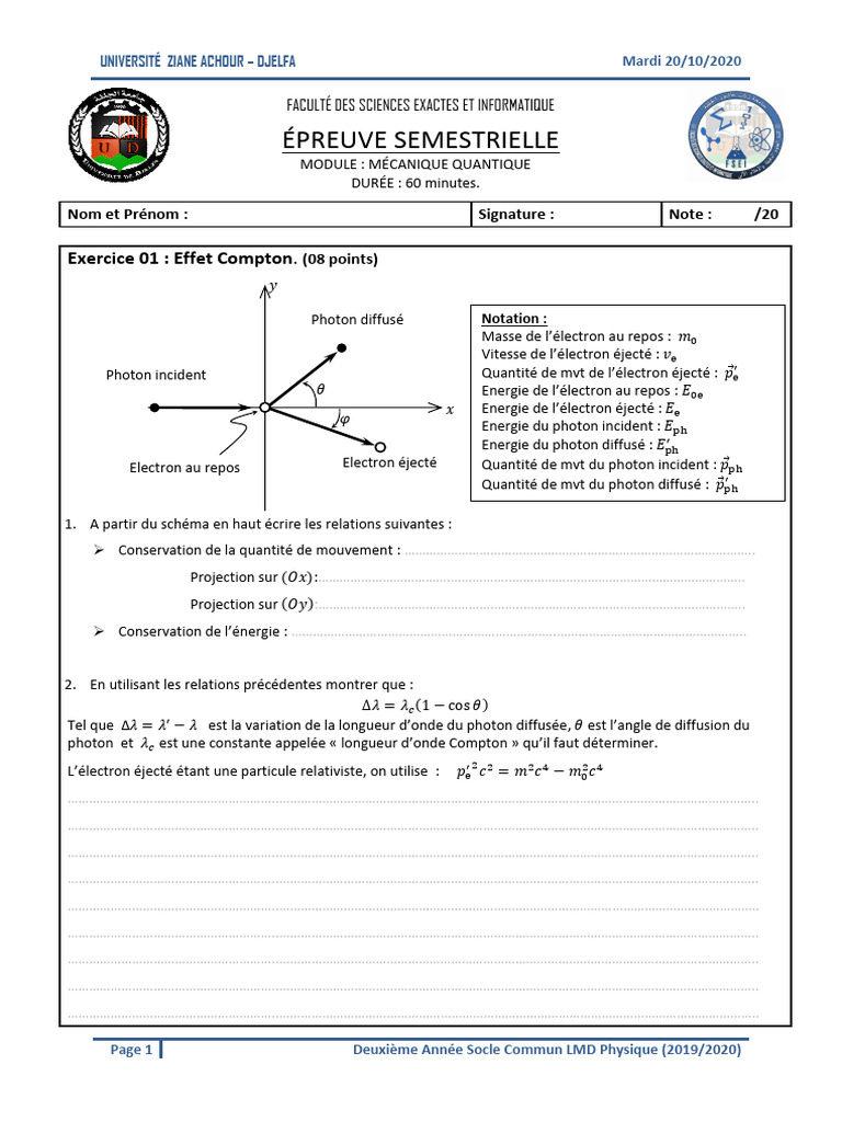 EMD Mécanique Quantique 19-20 | PDF