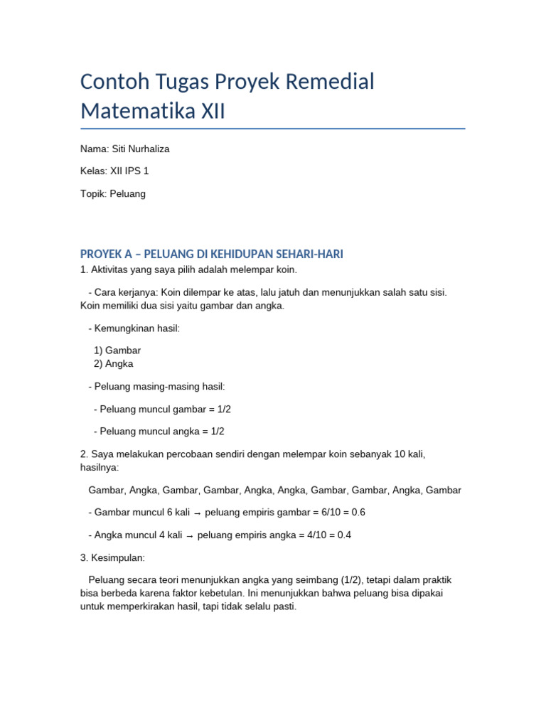 Contoh Tugas Peluang Proyek Remedial Matematika XII | PDF