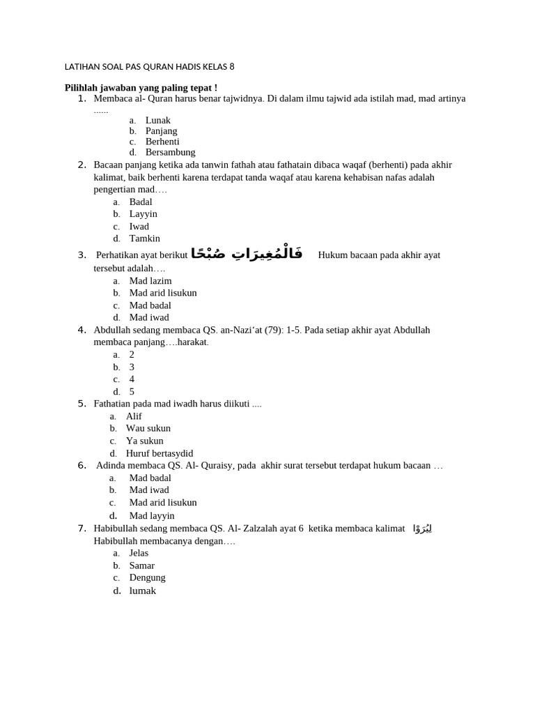 LATIHAN SOAL PAS QURAN HADIS KELAS 8 | PDF