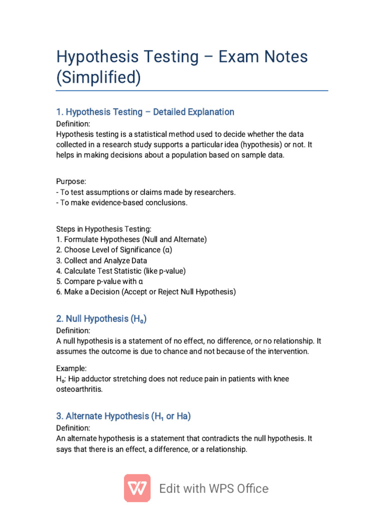 Hypothesis_Testing_Exam_Notes_Simplified | PDF | Hypothesis | P Value