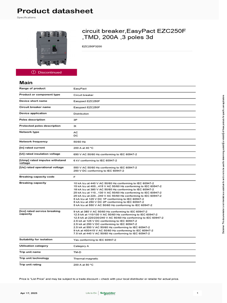 Schneider Electric - EasyPact-EZC - EZC250F3200 | PDF | Alternating Current | Electricity