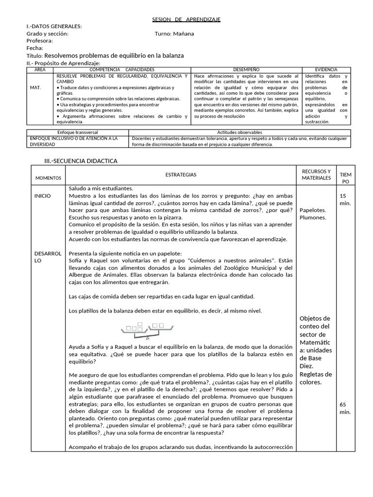 Ses Reslv Probl de Equilibrio Con La Balanza | PDF | Balanza | Aprendizaje
