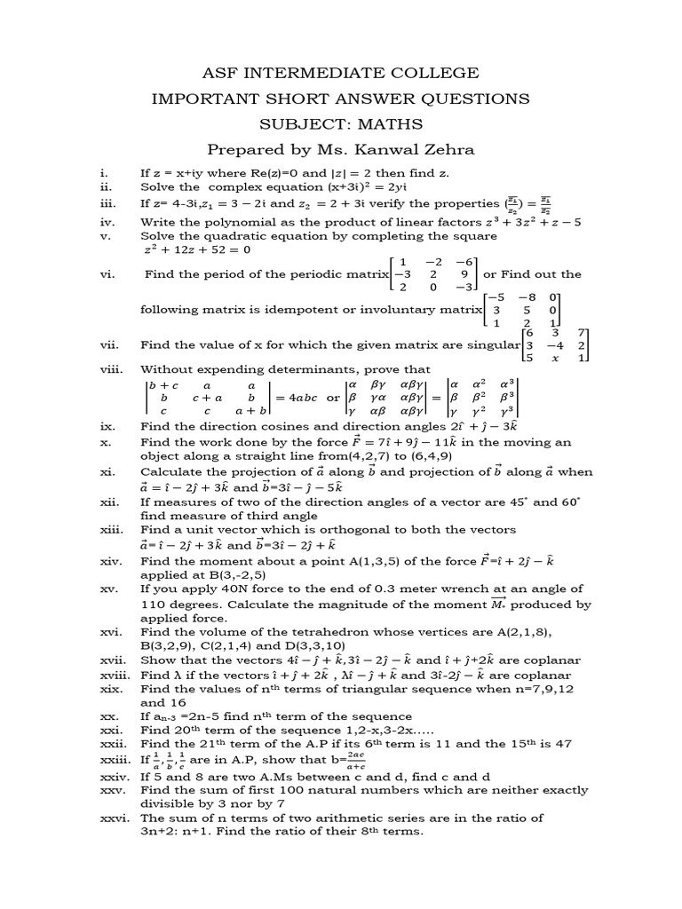 Short Questions and Answers XI | PDF | Mathematics | Mathematical Concepts
