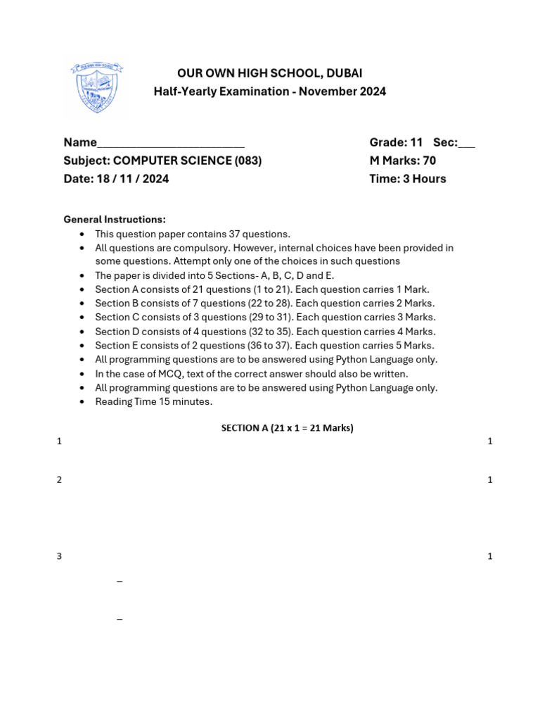 Grade 11 C Sc QP H Y Exam Nov 2024 _241120_204656 | PDF | Question | Python (Programming Language)
