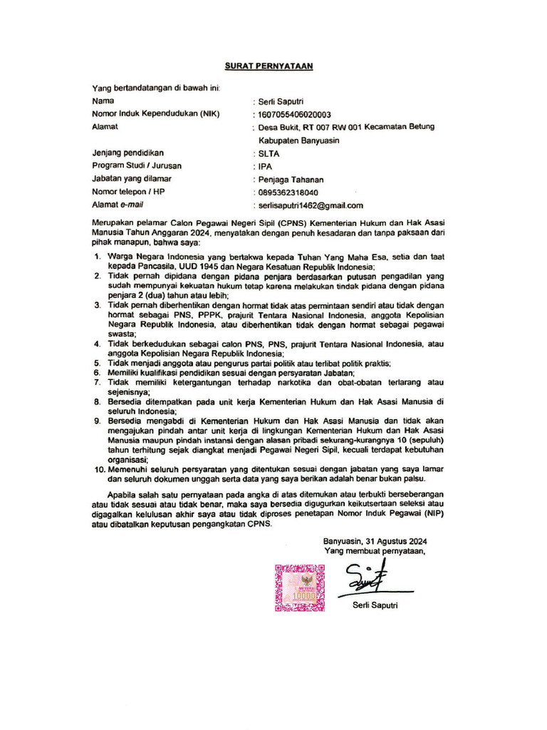 Surat Pernyataan E-Materai 2024 | PDF