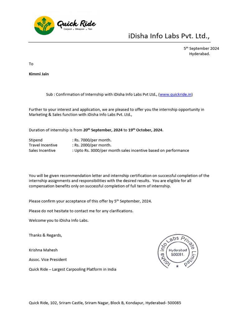 Internship Offer Letter | PDF