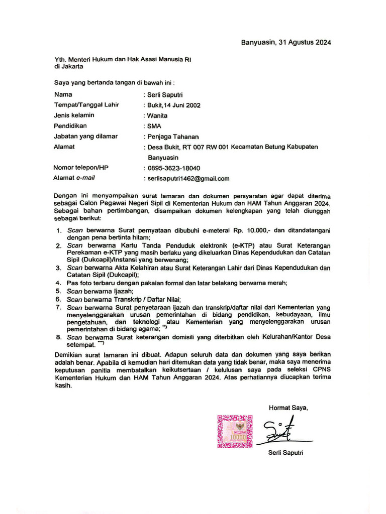 Surat Lamaran e Materai 2024 | PDF