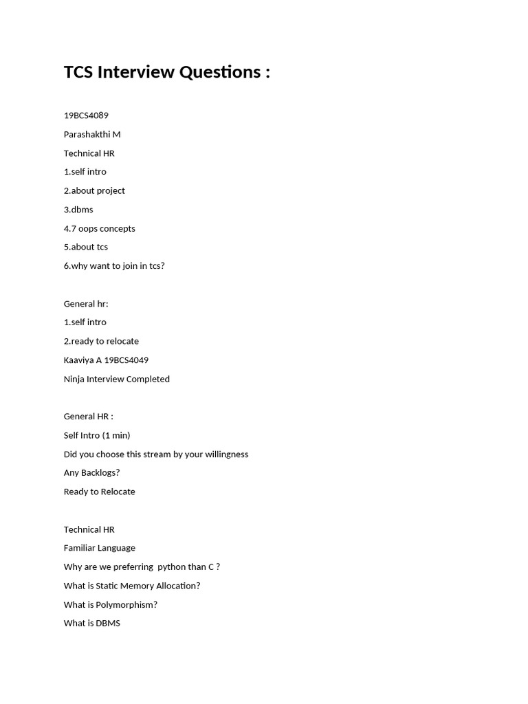 TCS Interview Questions | PDF | C++ | Data Management