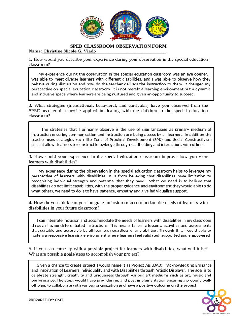 Christine Nicole Viado - Sped-Classroom-Observation-Form | PDF ...