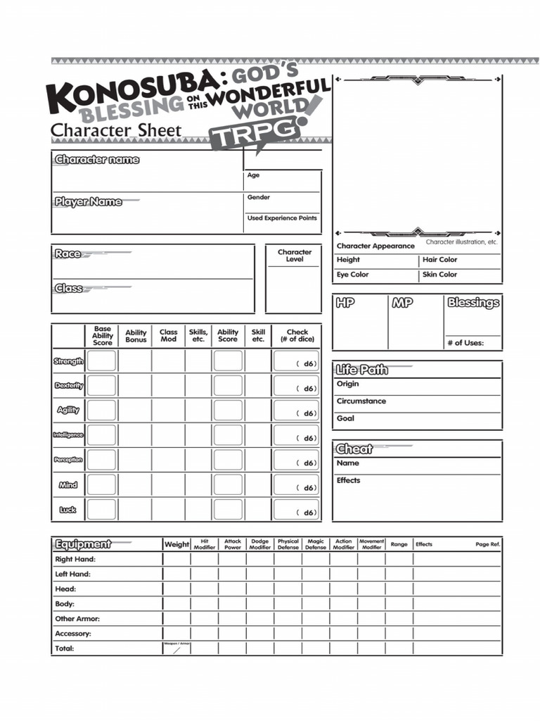 Konosuba TRPG Character Sheet | PDF