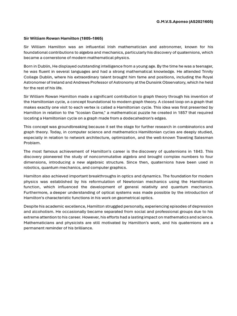 Sir William Rowan Hamilton and Leonhard Euler | PDF | Leonhard Euler | Teaching Mathematics