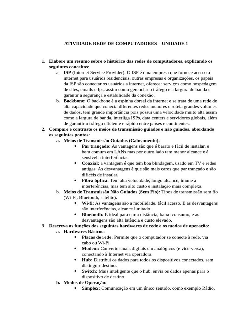 ATIVIDADE REDE DE COMPUTADORES - Unidade 1 | PDF | Rede de computadores | Internet