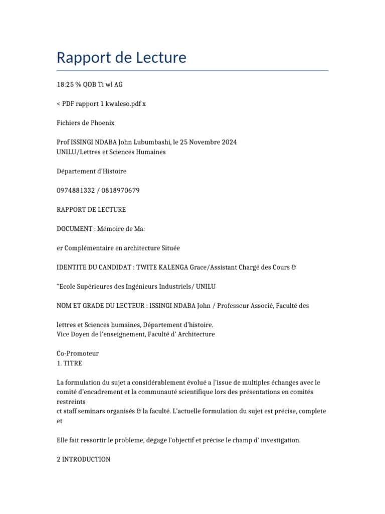 Rapport de Lecture : Mémoire en Architecture | PDF