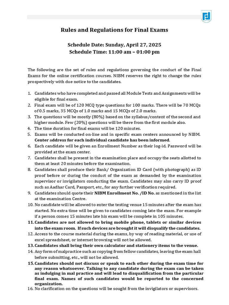 NIBM Final Exam Rules for Online Courses | PDF | Qualifications