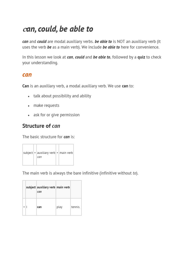 An, Could, Be Able To: Structure of | PDF | Grammatical Tense ...