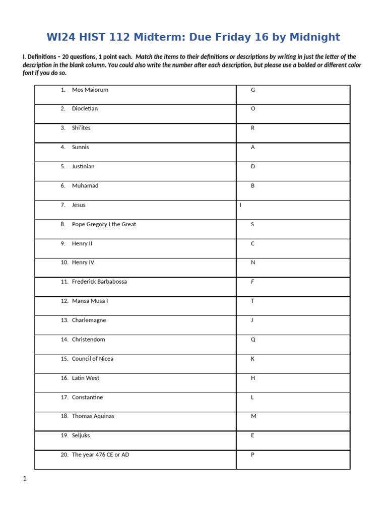 HIST 112 - Midterm Exam POSTED - 2-13-24 | PDF | Roman Empire | Muhammad