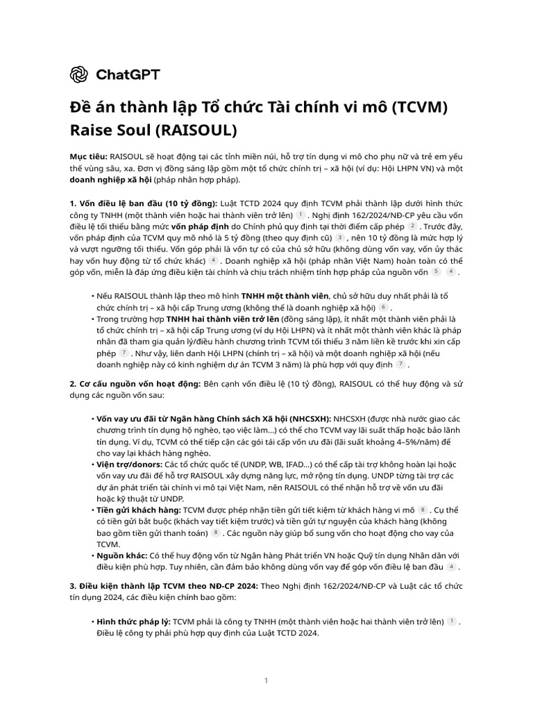 Đề Án Thành Lập Tổ Chức Tài Chính Vi Mô (TCVM) Raise Soul (RAISOUL) | PDF