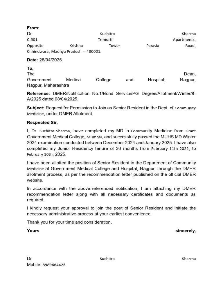 Request to Join as Senior Resident | PDF