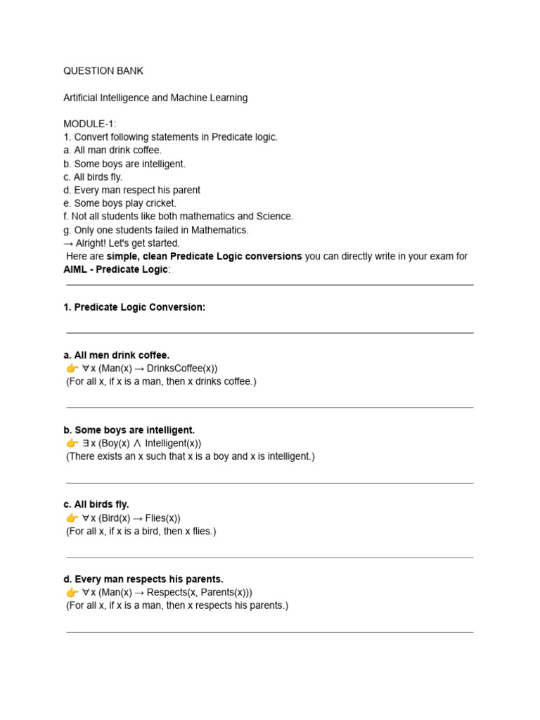 AIML - Question Bank Answers | PDF | Logic | First Order Logic